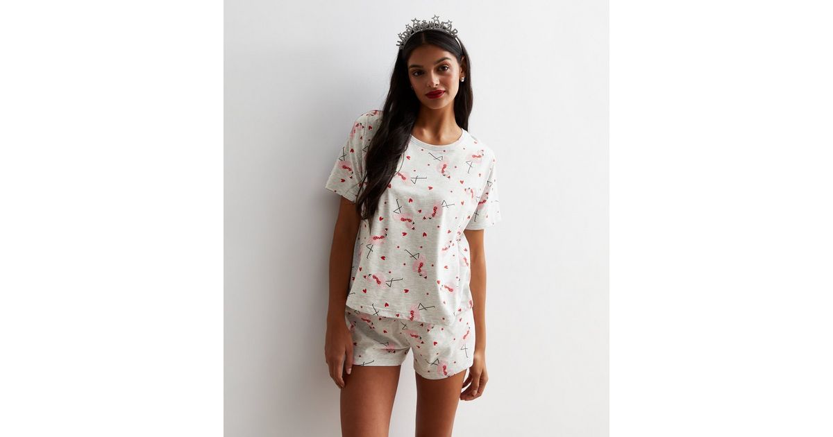 Light Grey Short Pyjama Set With Festive Flamingo Print New Look