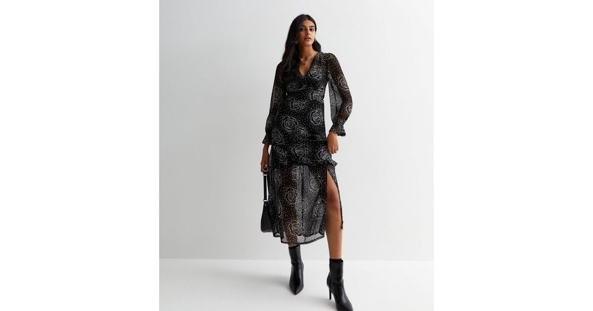 Black Rose Print V Neck Midaxi Dress New Look