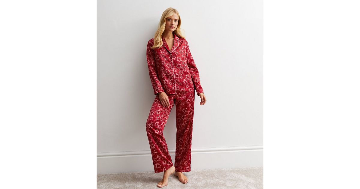 Red Satin Revere Pyjama Set with Star Print | New Look