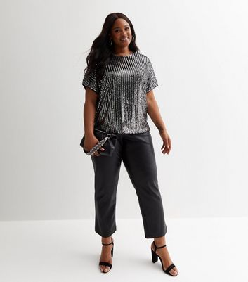 Curves Silver Sequin Stripe T-Shirt | New Look
