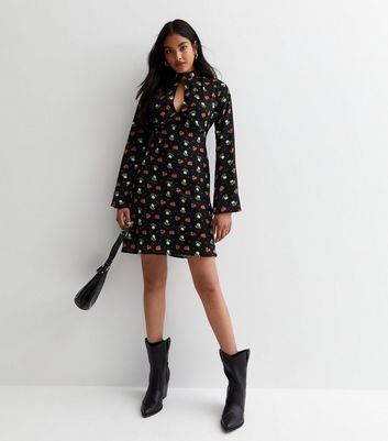 Gini London Black Rose Print High Neck Mini Dress | New Look
