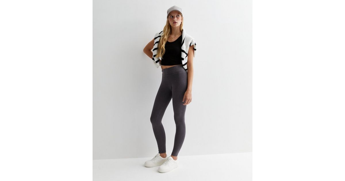 Petite Dark Grey Acid Wash Jersey Leggings | New Look