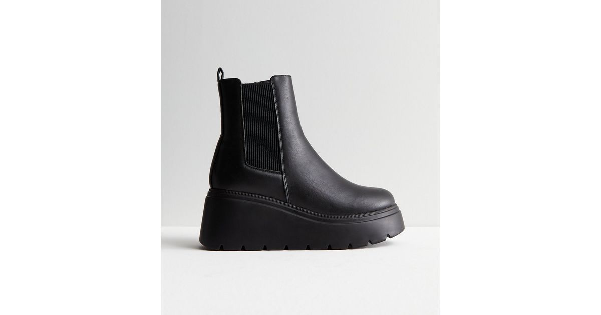 Black Leather-Look Platform Wedge Heel Chelsea Boots | New Look