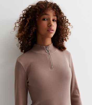 Girls Rust Ribbed High Zip Neck Dress | New Look