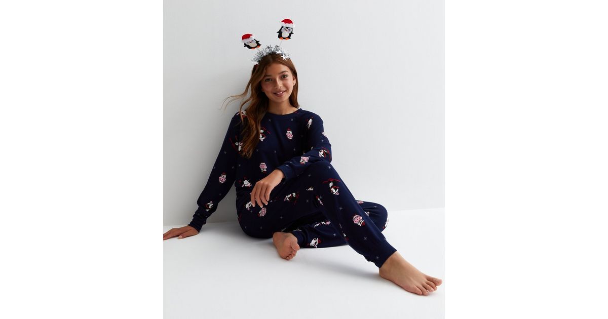 Girls Blue Family Christmas Pyjama Set with Penguin Print | New Look