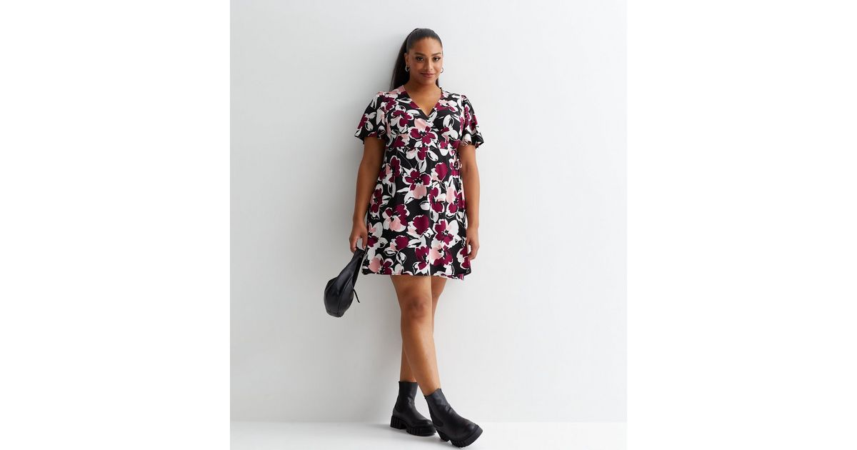 Curves Black Floral Wrap Mini Dress New Look