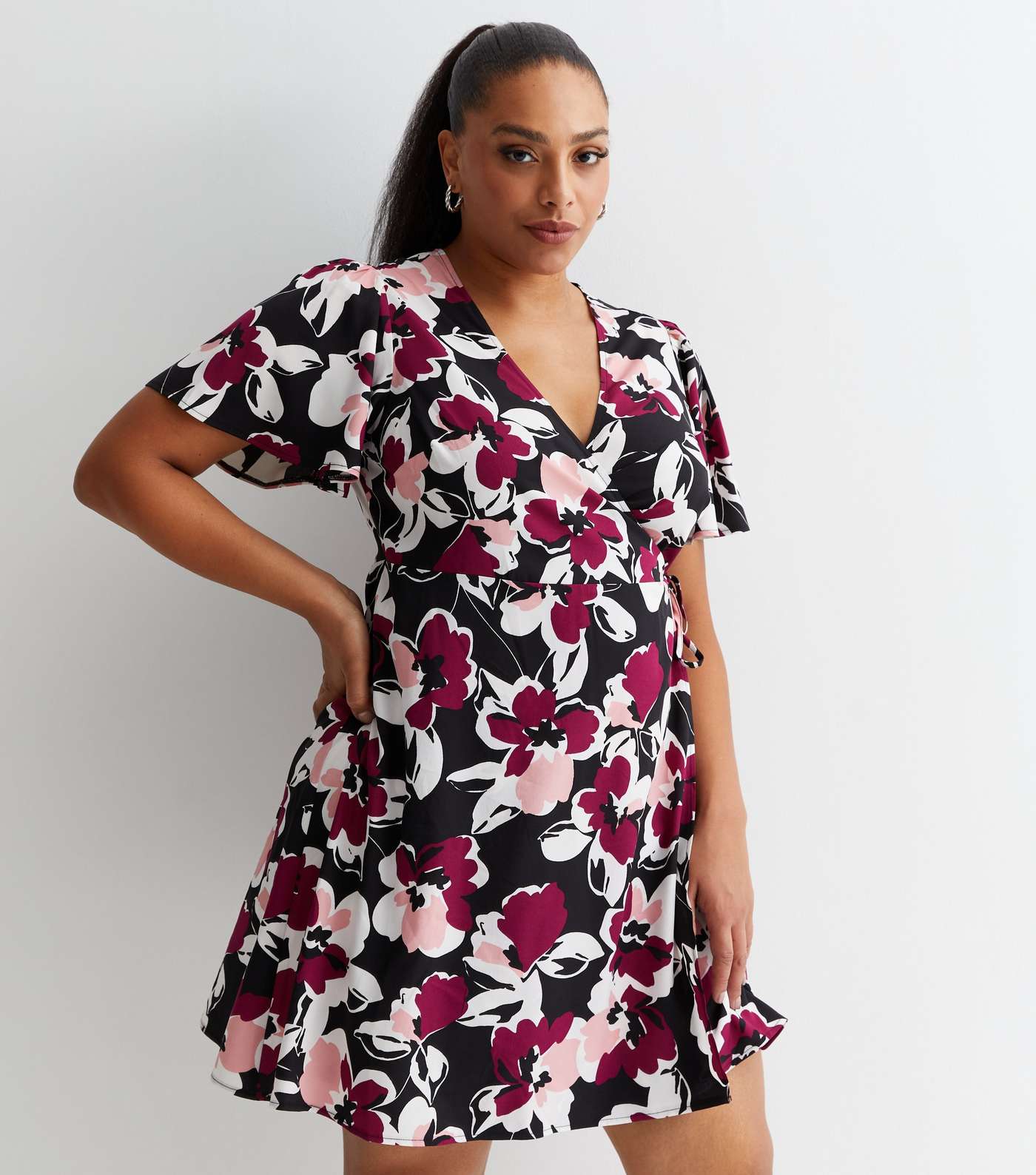 Curves Black Floral Wrap Mini Dress New Look