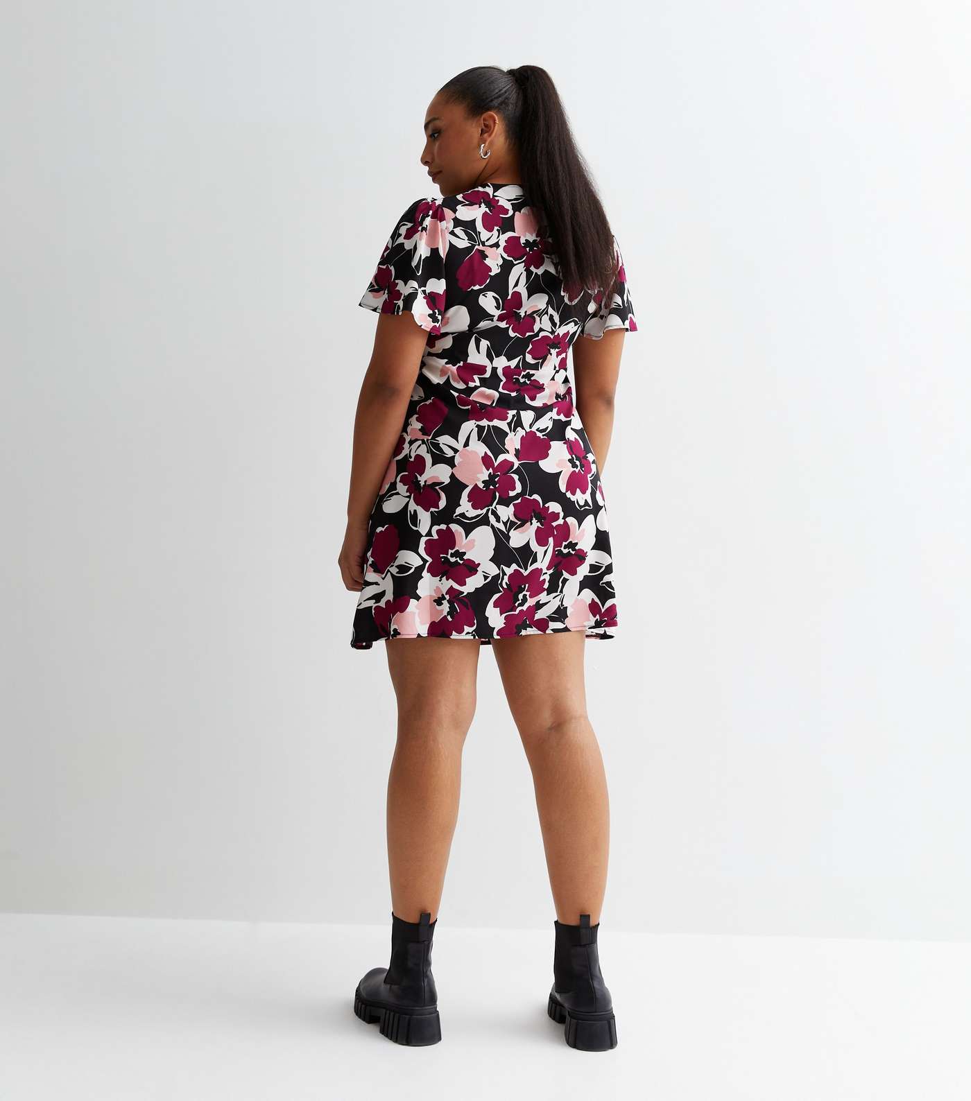 Curves Black Floral Wrap Mini Dress New Look