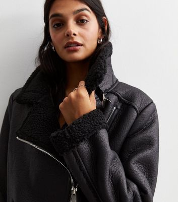 Cameo Rose Black Teddy Collared Aviator Jacket | New Look