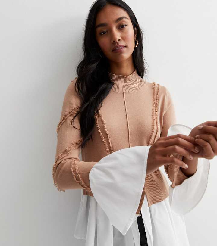 Cameo Rose Mink 2-in-1 High Neck Knit Ruffle Blouse | New Look