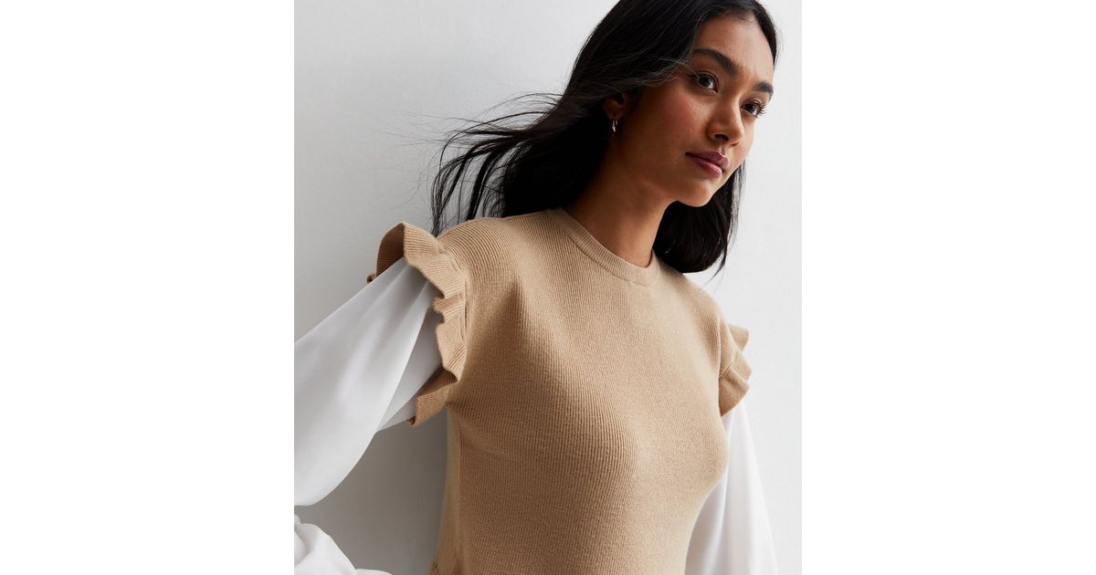 Cameo Rose Camel 2-in-1 Knit Frill Shirt | New Look