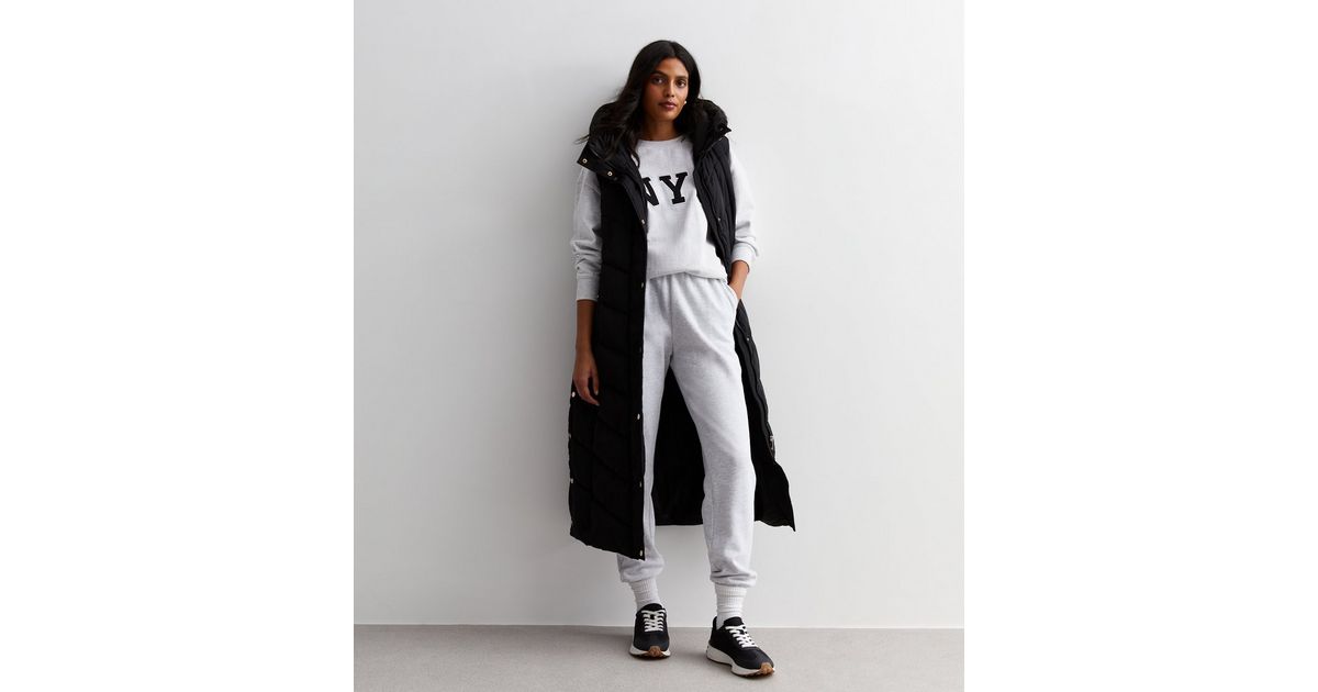 Cameo Rose Black Long Belted Hooded Puffer Gilet | New Look