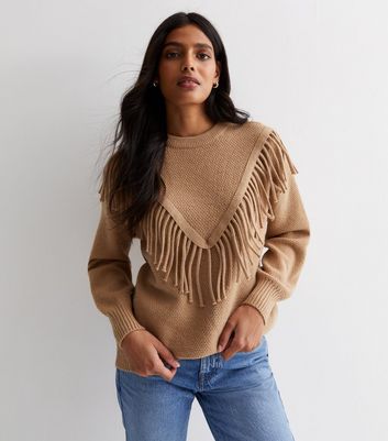Cameo Rose Camel Knit Fringe Jumper | New Look
