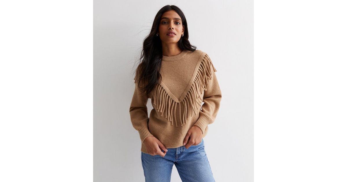 Cameo Rose Camel Knit Fringe Jumper | New Look