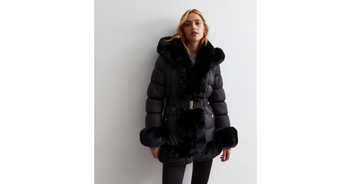 Cameo Rose Black Faux Fur Trim Puffer Coat | New Look