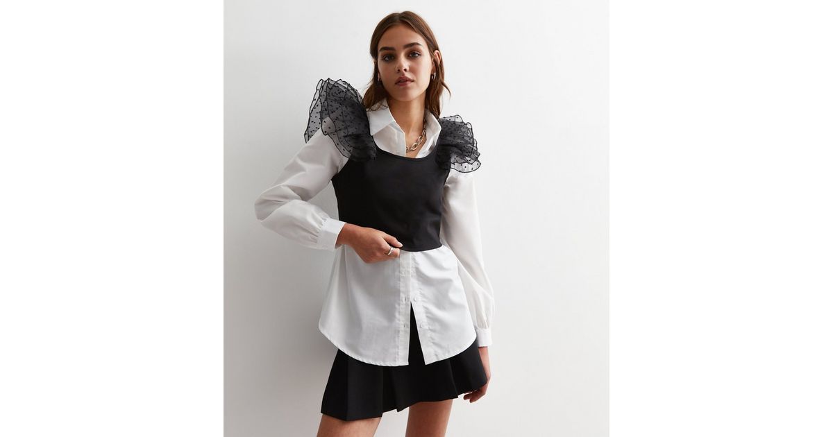 Black Ruffle Sleeve 2-in-1 Crop Top Shirt | New Look