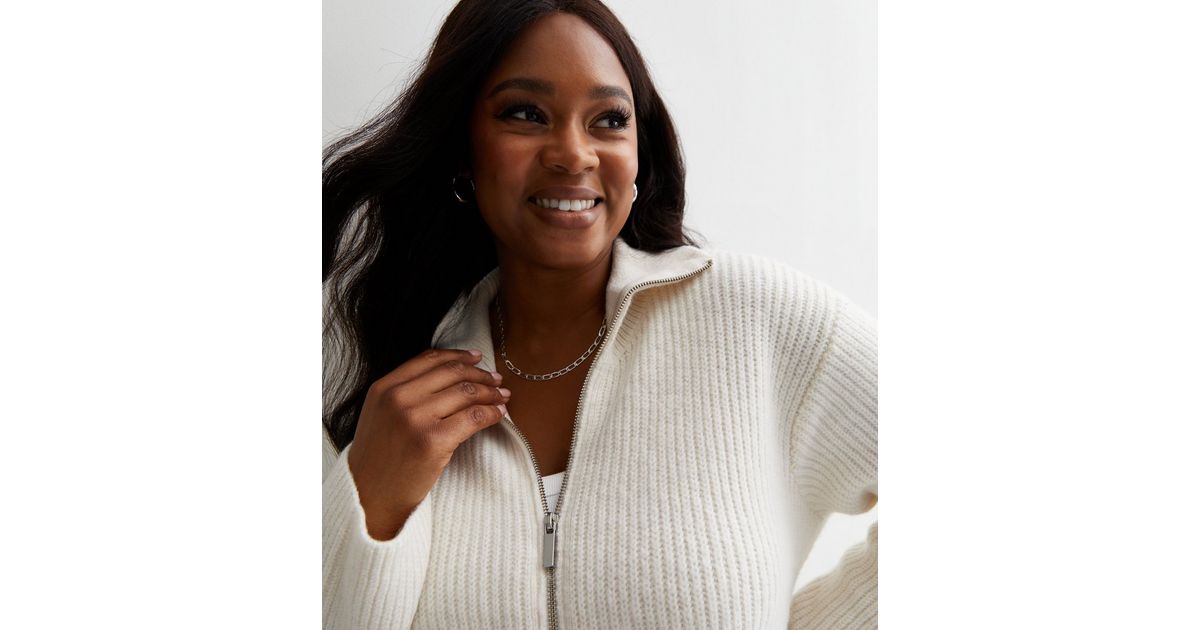 Curves Cream Ribbed Knit Zip Cardigan | New Look