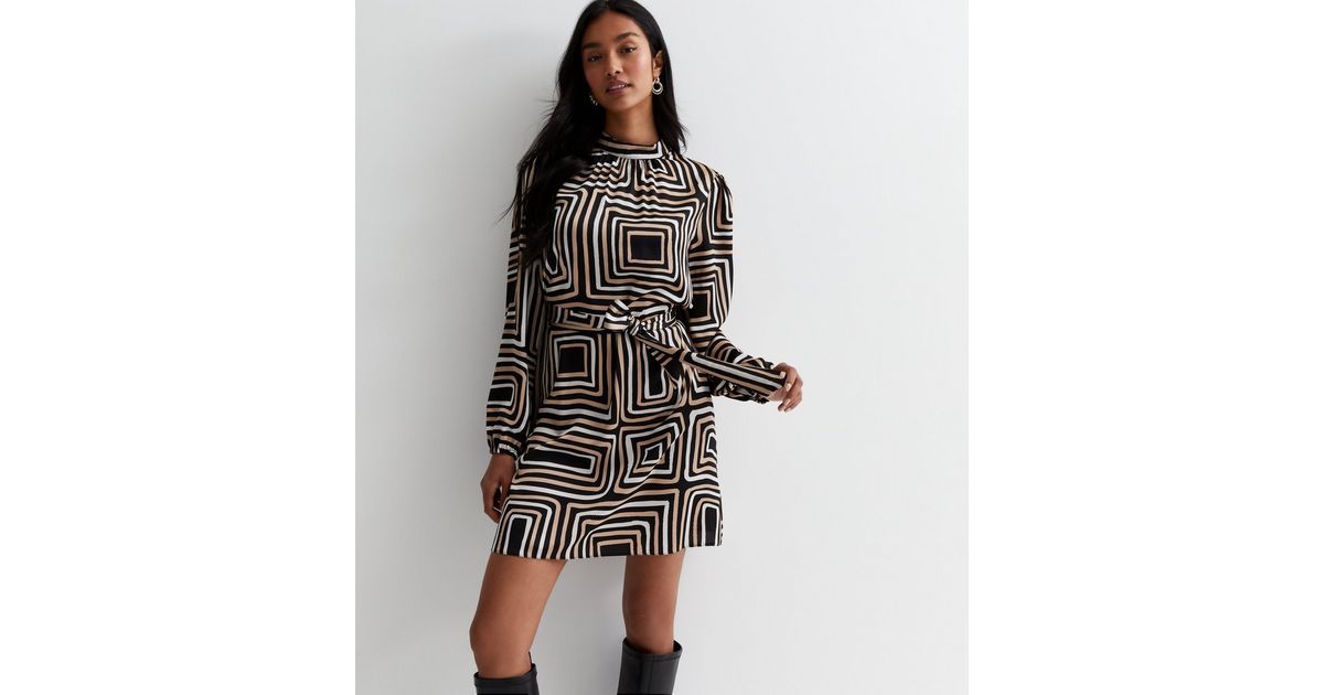 Black Square Print High Neck Mini Dress | New Look