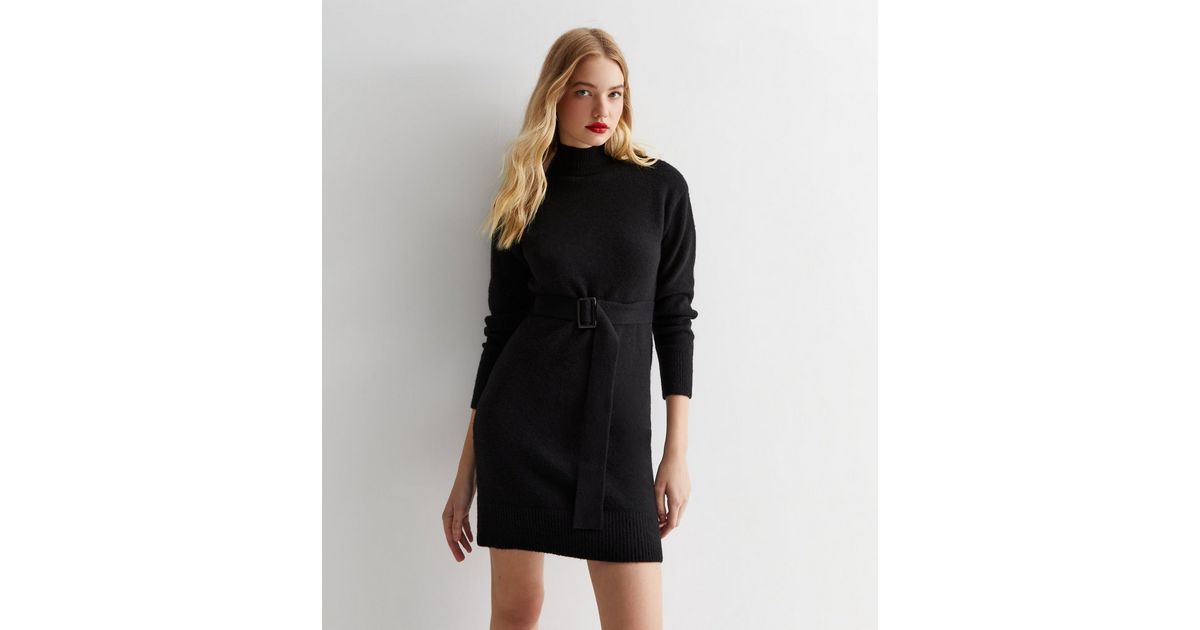 Black High Neck Belted Mini Dress New Look