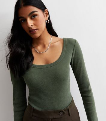 Khaki Acid Wash Ribbed Bodysuit | New Look