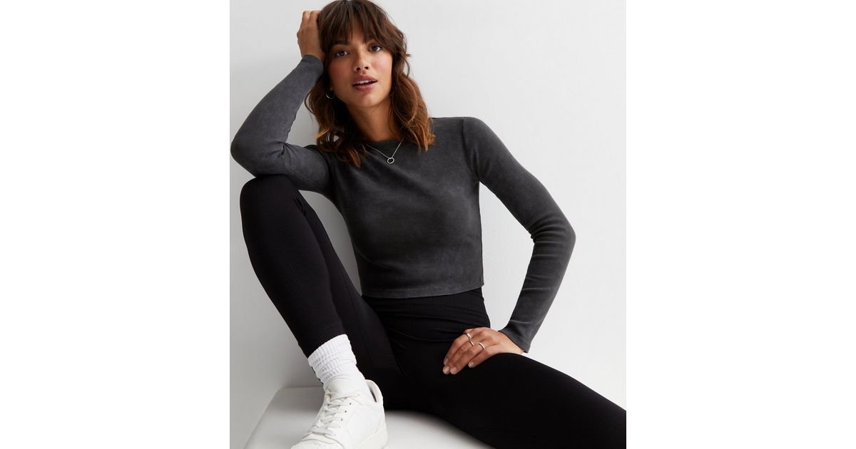 Dark Grey Acid Wash Long Sleeve Top | New Look
