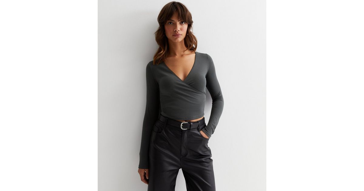 Dark Grey Lace Trim Wrap Crop Top | New Look