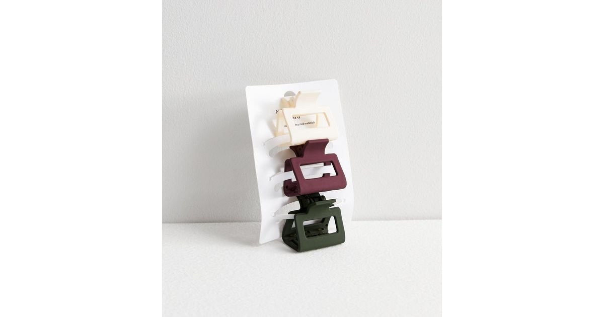 3 Pack Cream Green and Purple Matte Mini Bulldog Hair Clips | New Look