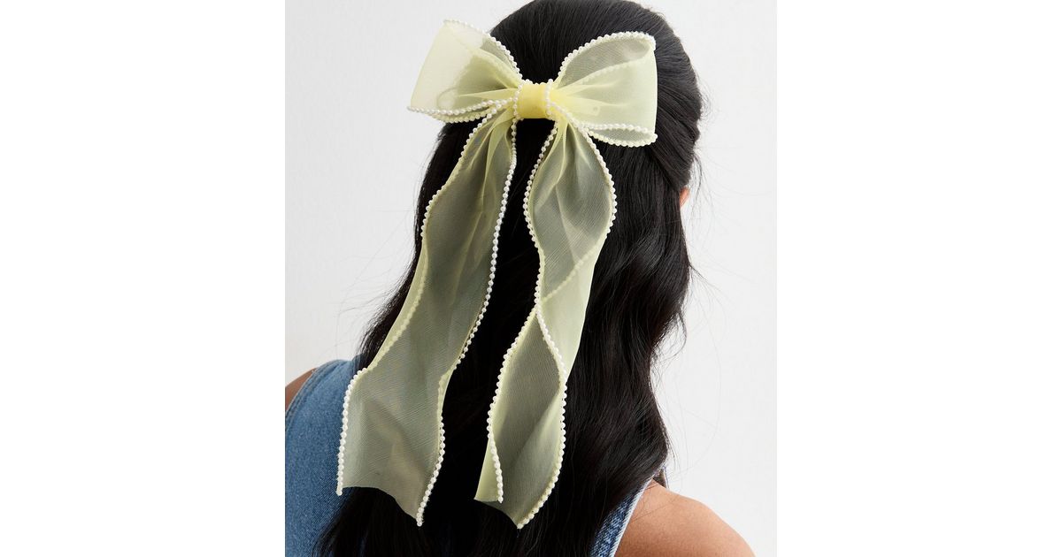 Pale Yellow Organza Faux Pearl Bow Barette Hair Clip | New Look