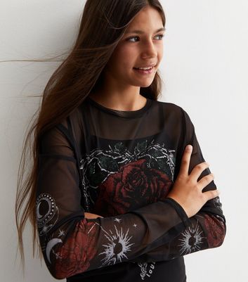 Girls Dark Grey Rose Print Mesh Long Sleeve Top | New Look