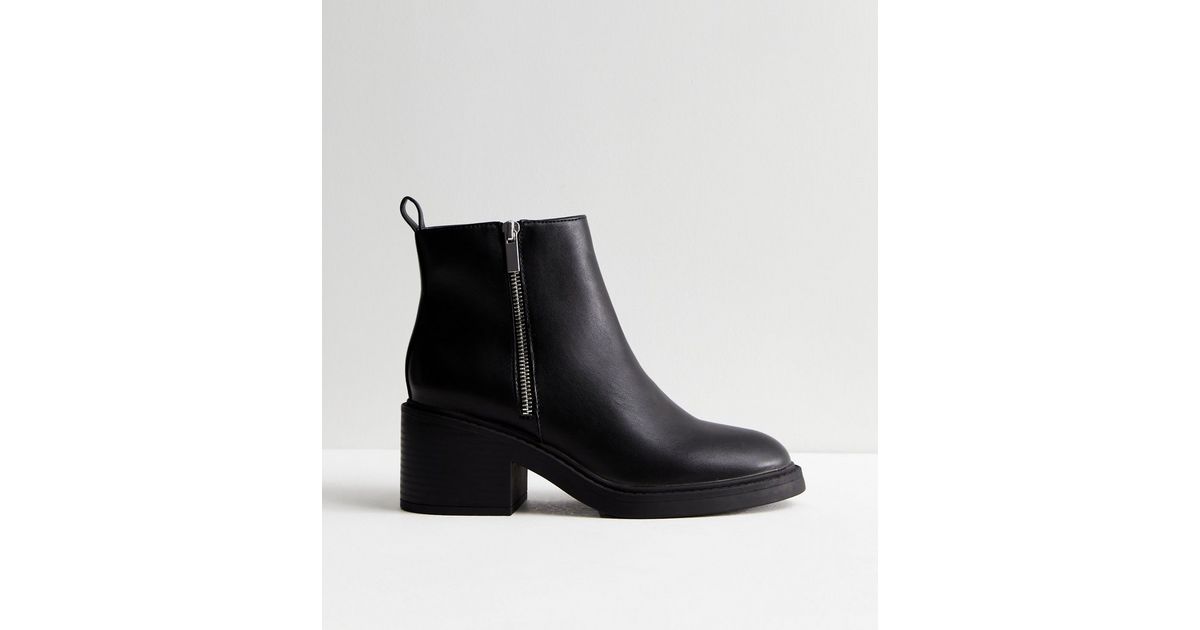 Black Leather-Look Zip Side Chunky Boots | New Look