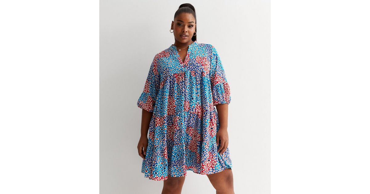 Curves Blue Abstract Spot Button Front Mini Smock Dress | New Look