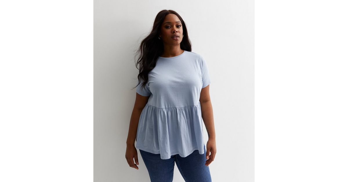 Curves Pale Blue Cotton Short Sleeve Peplum Top | New Look