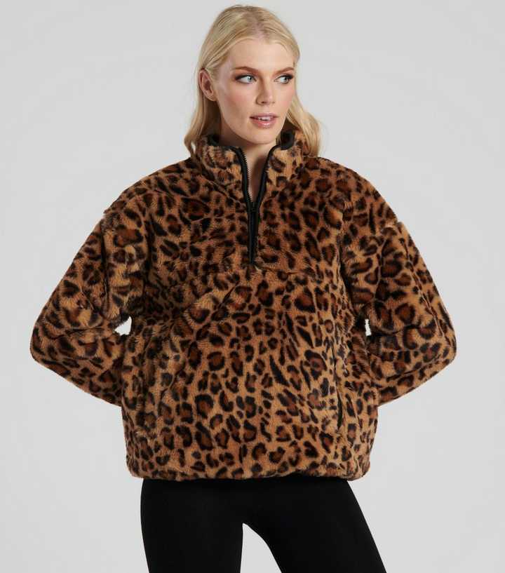 South Beach Brown Leopard Print Faux Fur Zip Neck Jumper | New Look