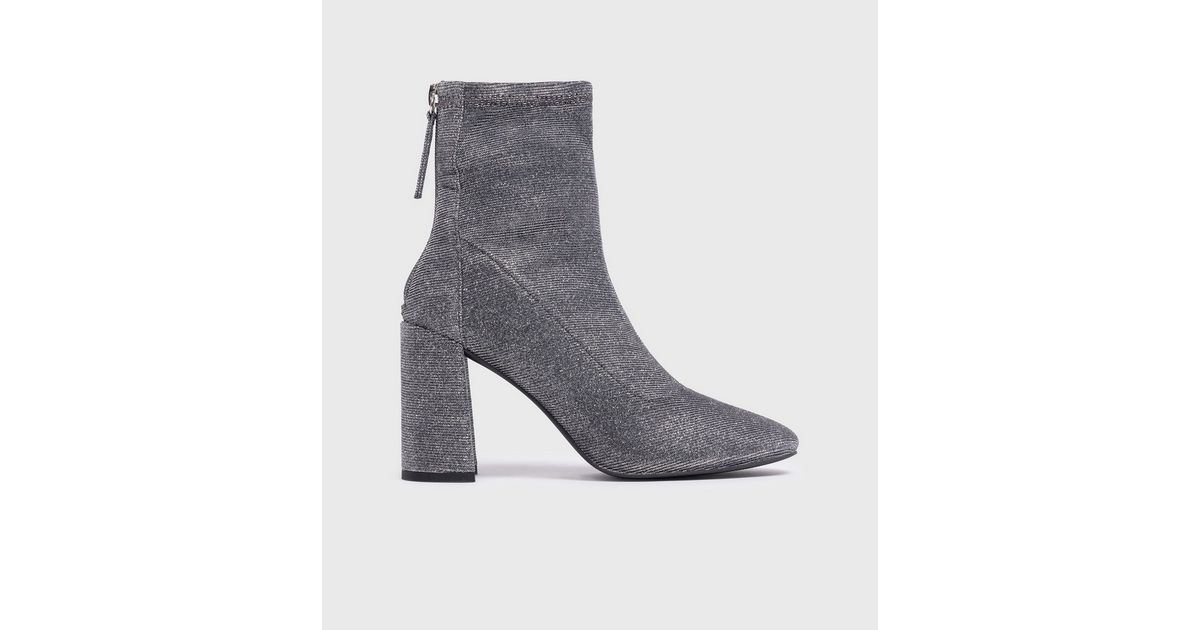 London Rebel Silver Glitter Pointed Block Heel Sock Boots | New Look