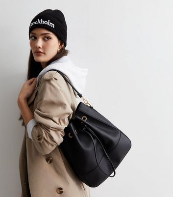 Black Leather Look Drawstring Bucket Bag New Look