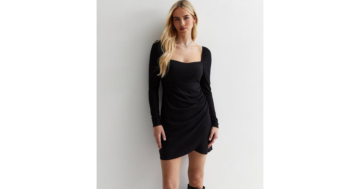 Black Ribbed Square Neck Wrap Micro Mini Dress | New Look