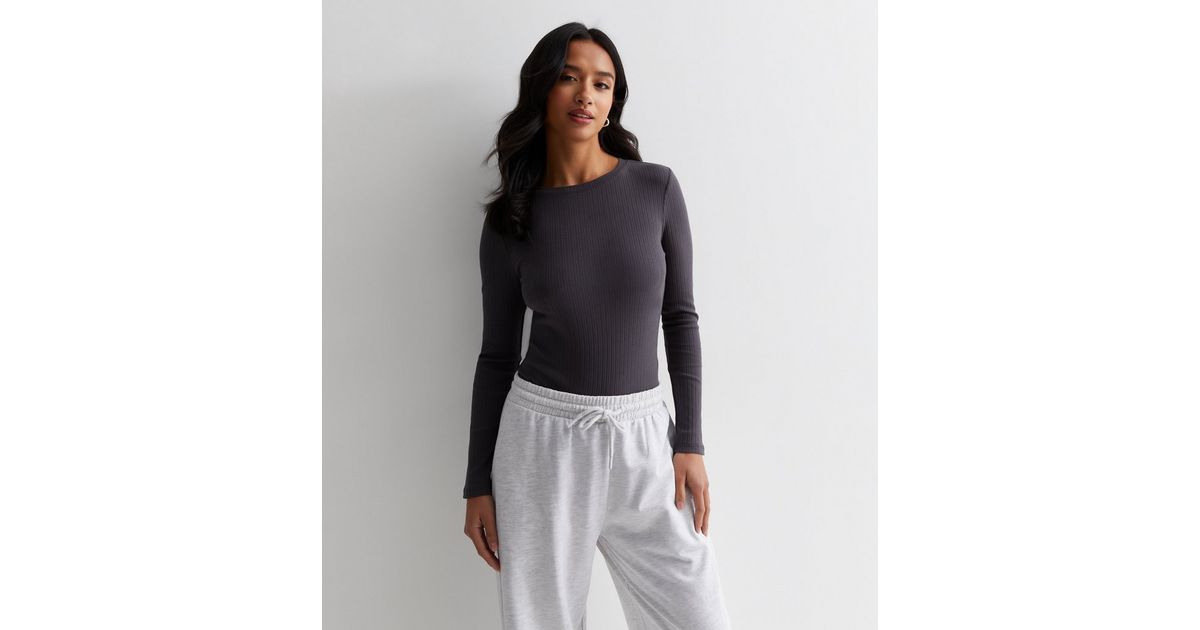 Petite Dark Grey Ribbed Crew Neck Bodysuit | New Look