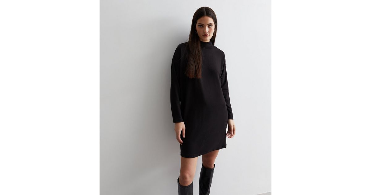 Black Fine Knit High Neck Mini Dress | New Look
