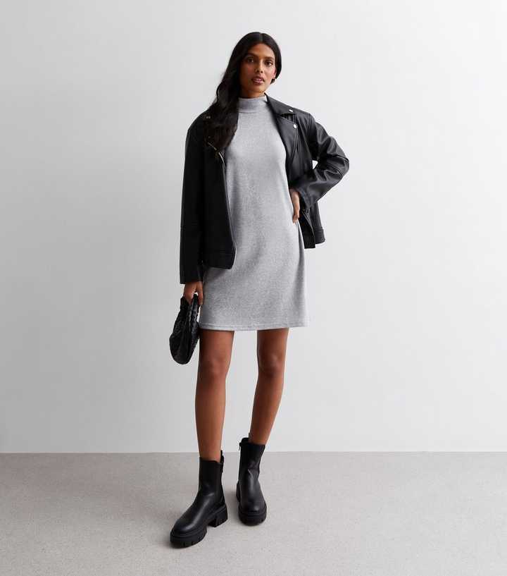 Pale Grey Fine Knit High Neck Mini Dress | New Look