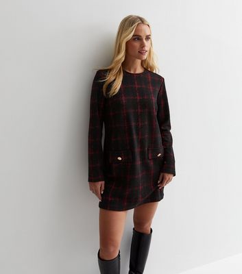 Petite Red Check Bouclé Long Sleeve Mini Dress | New Look