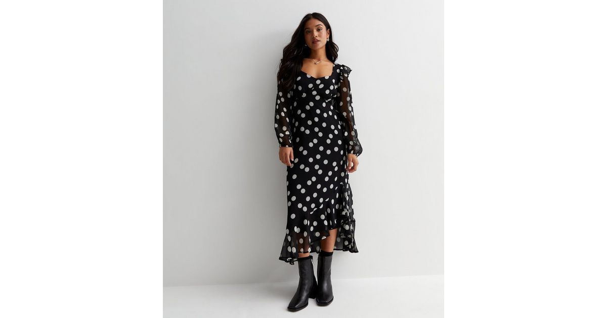Petite Black Spot Ruffle Hem Midaxi Dress | New Look