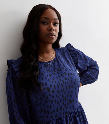 Curves Blue Spot Frill Sleeve Mini Smock Dress | New Look