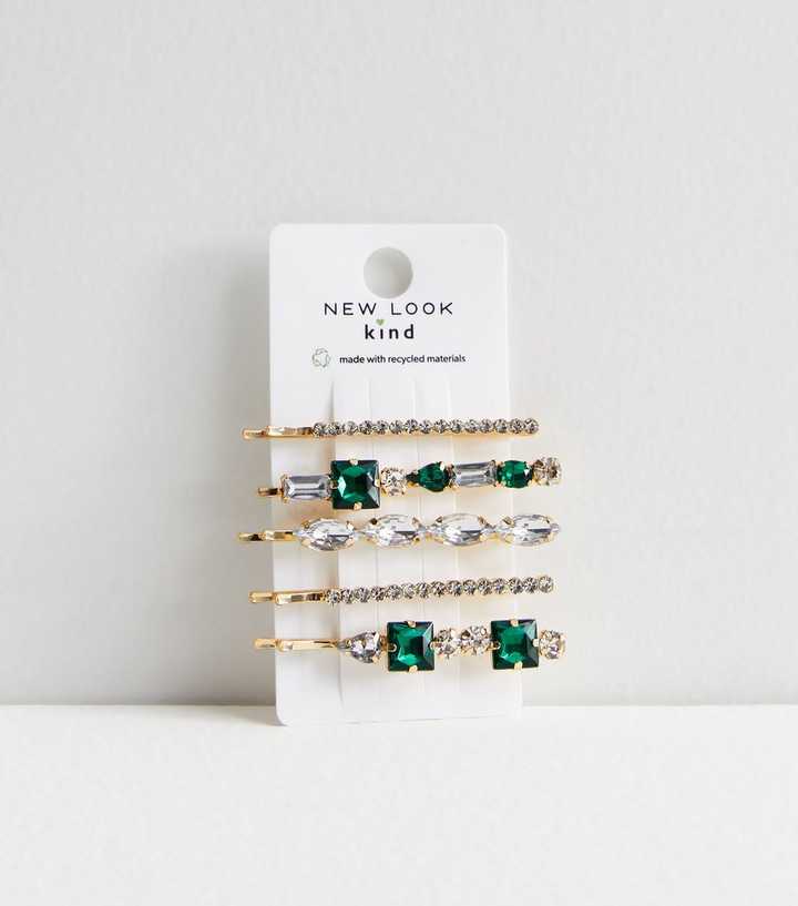 5 Pack Green Mixed Diamanté Hair Slides | New Look