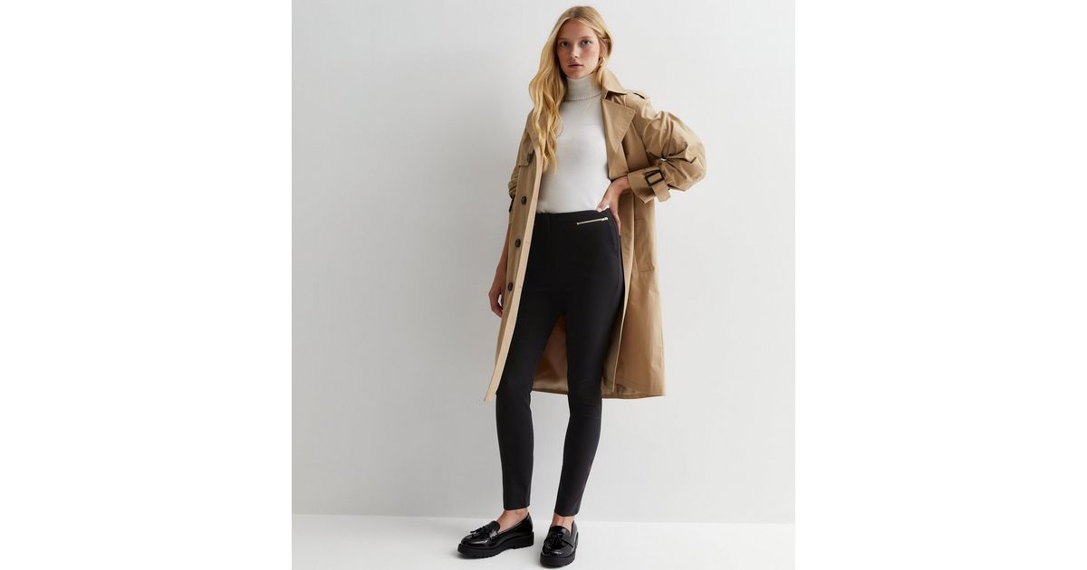 Petite Black Zip Front Skinny Trousers | New Look