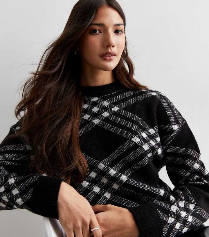 Black Check Print Relaxed Fit Jumper | New Look