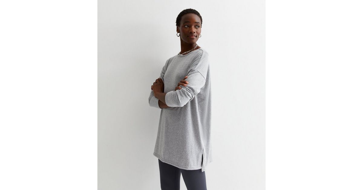 Tall Pale Grey Soft Touch Long Sleeve Split Hem Top | New Look
