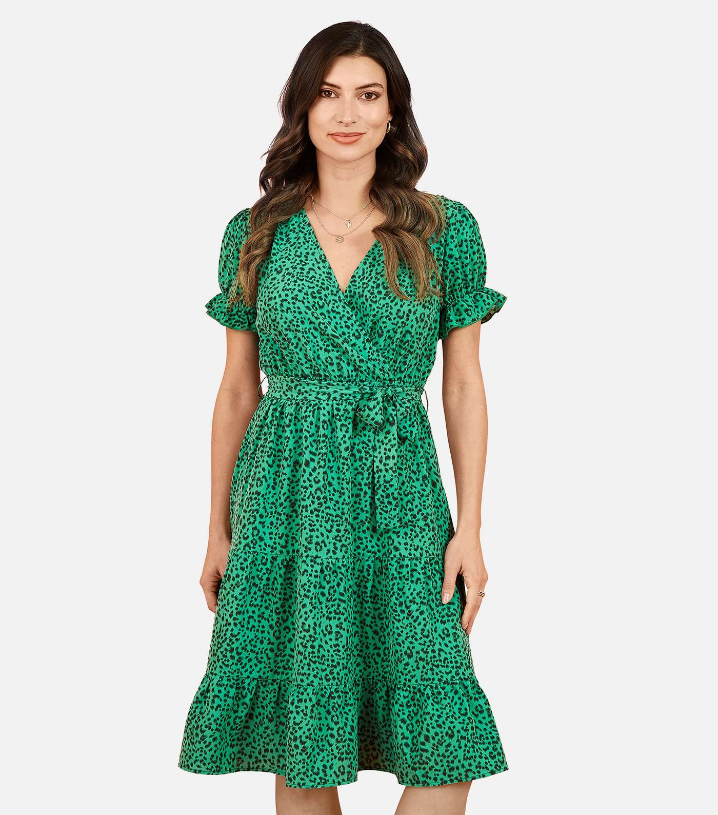 Mela Green Leopard Print Belted Tiered Midi Wrap Dress New Look