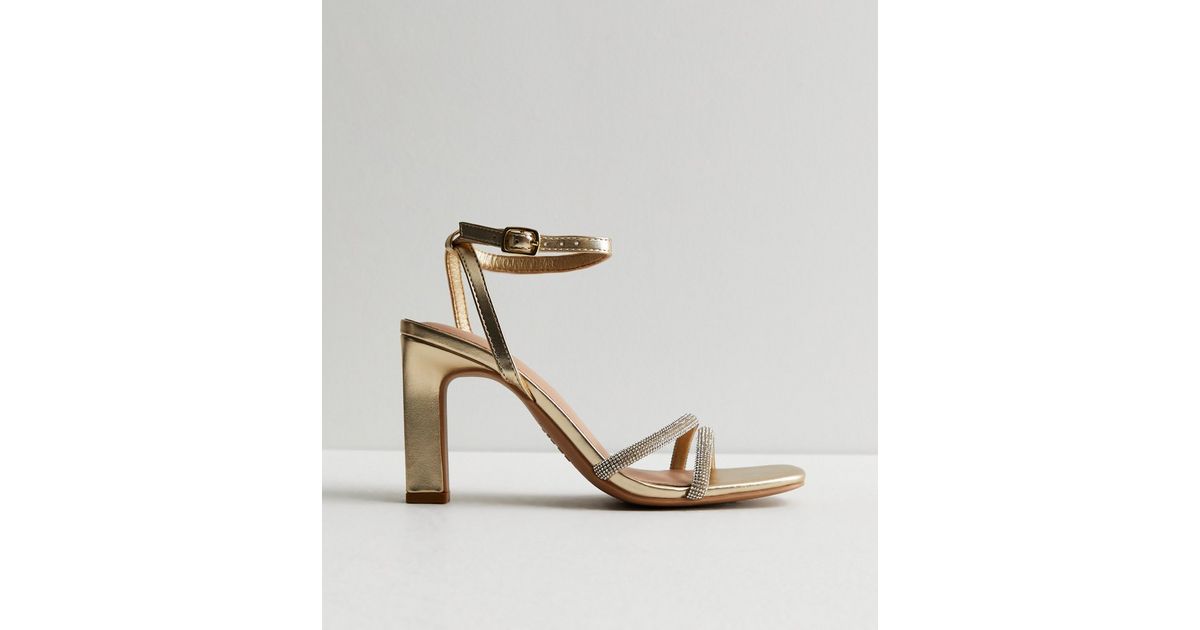 Gold Diamanté Embellished Strappy Block Heel Sandals | New Look