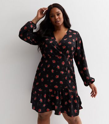 Curves Black Rose Print V Neck Mini Dress | New Look