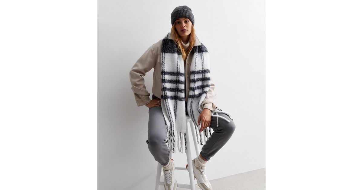 White Check Brushed Tassel Trim Scarf | New Look